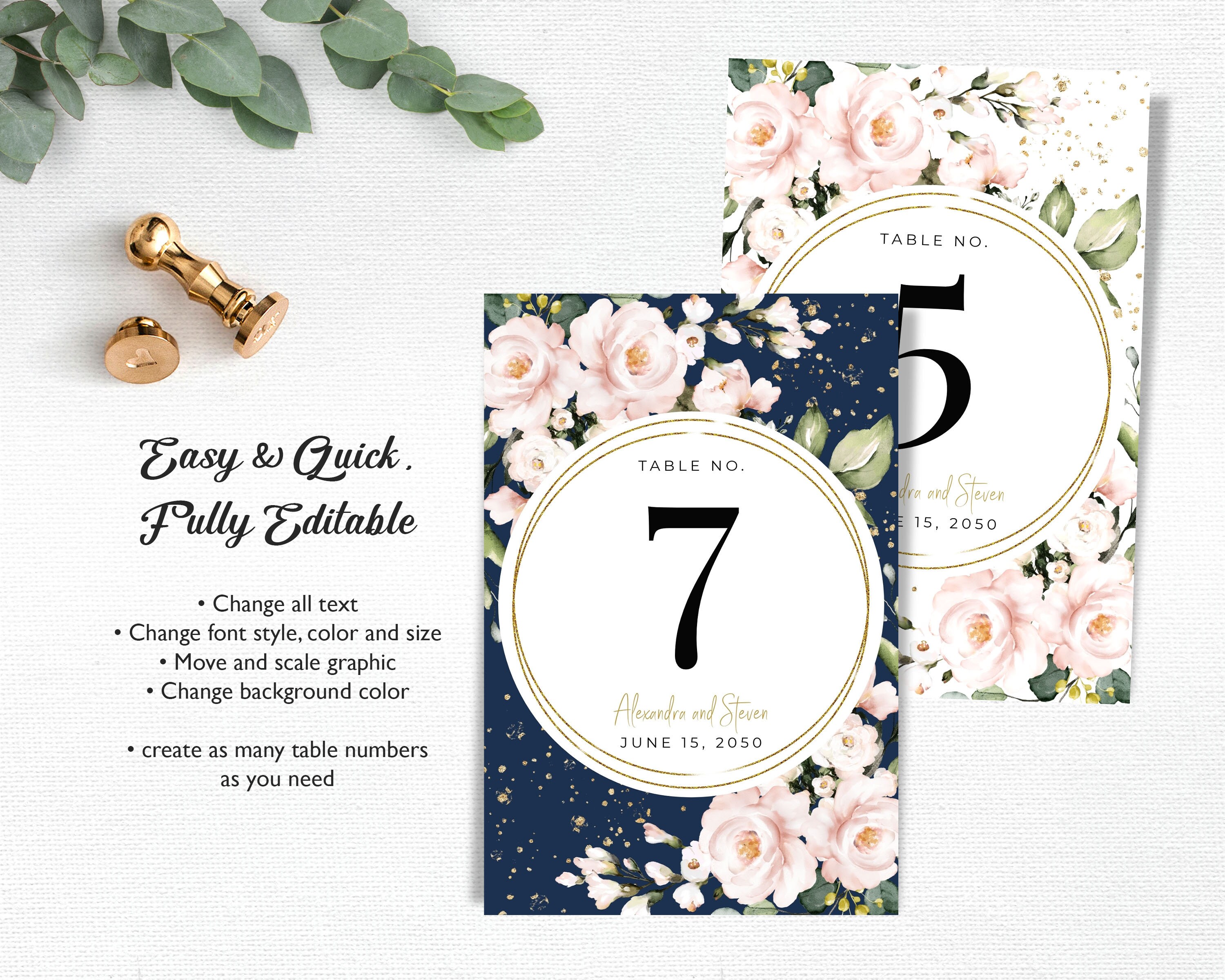 Blush Pink Wedding Table Numbers Template, Floral Table Number ...