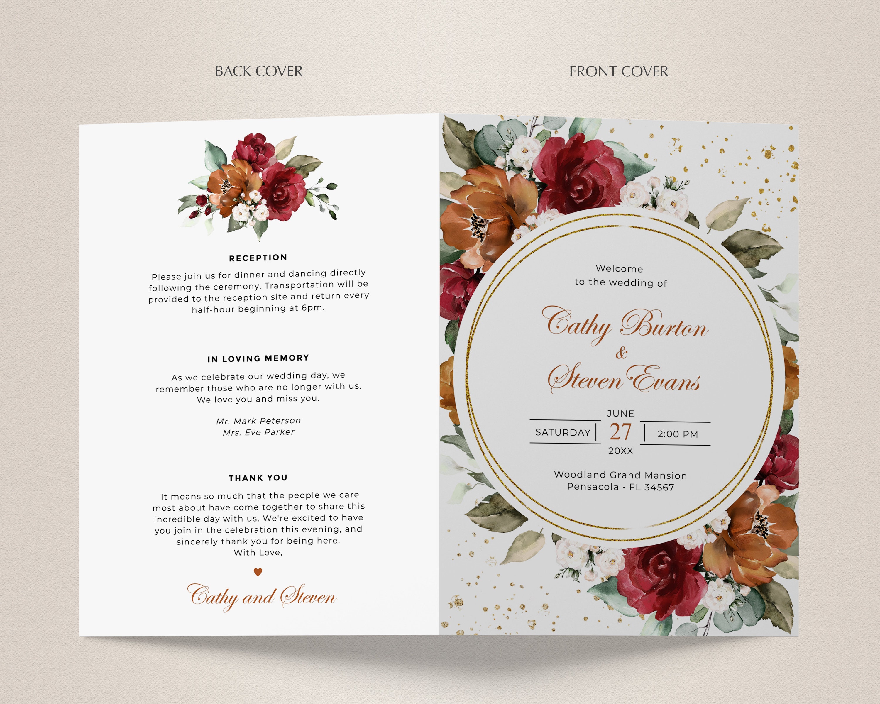 Bi-fold Wedding Program Template With Burgundy and Terracotta - Etsy