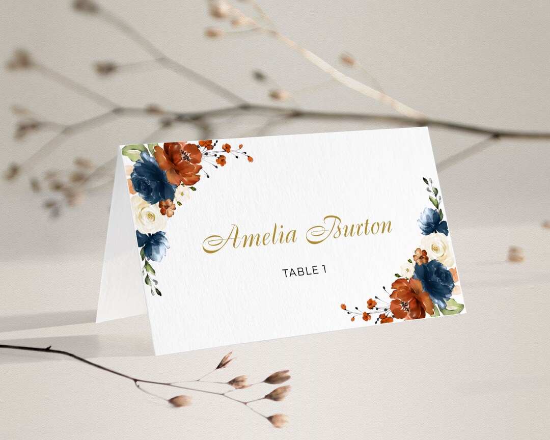 Terracotta, Navy Blue and Ivory Place Card Template, Flat and Tent ...