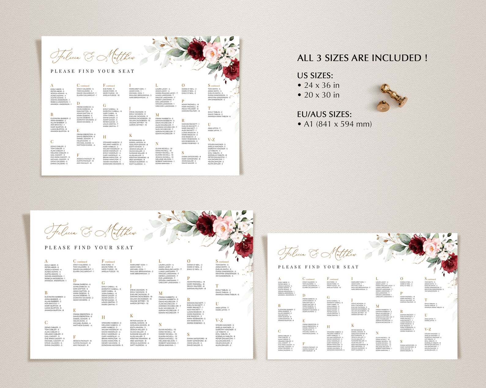 Alphabetical Wedding Seating Chart Template With Burgundy and - Etsy