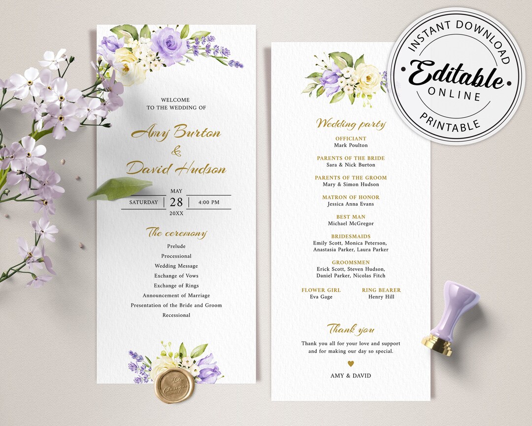 Lavender and Pale Yellow Wedding Program Template, Wedding Order of ...