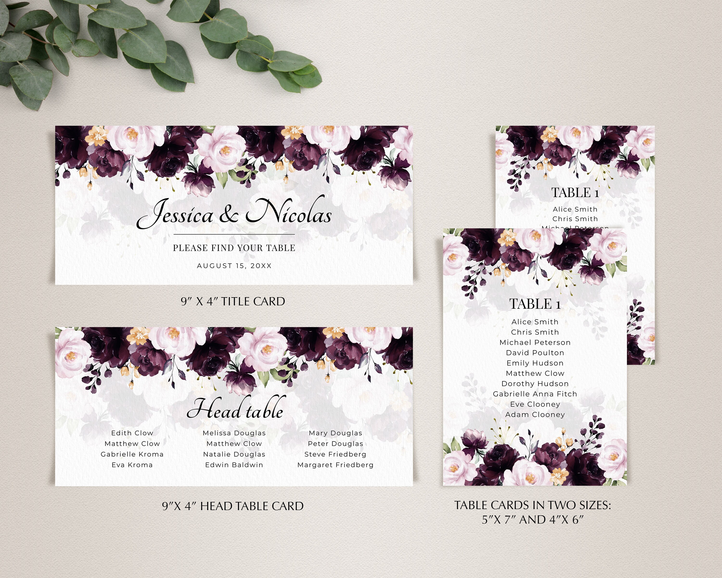 Purple Wedding Seating Table Cards Template • INSTANT DOWNLOAD ...