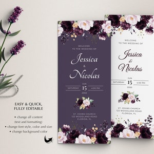 Trifold Wedding Program Template With Purple Roses, Dark Plum Wedding ...