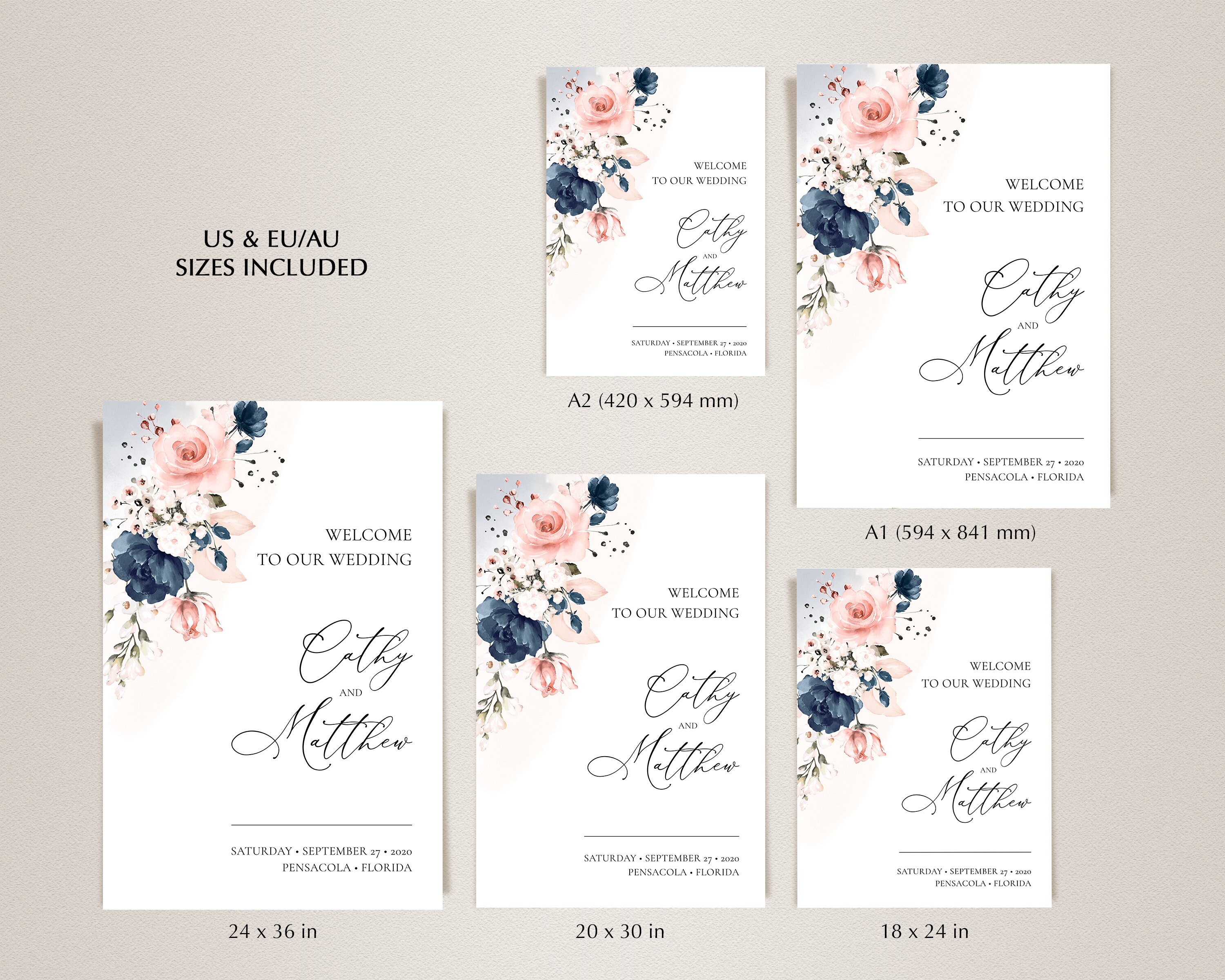 Navy Blue and Blush Pink Welcome Sign Template • INSTANT DOWNLOAD ...