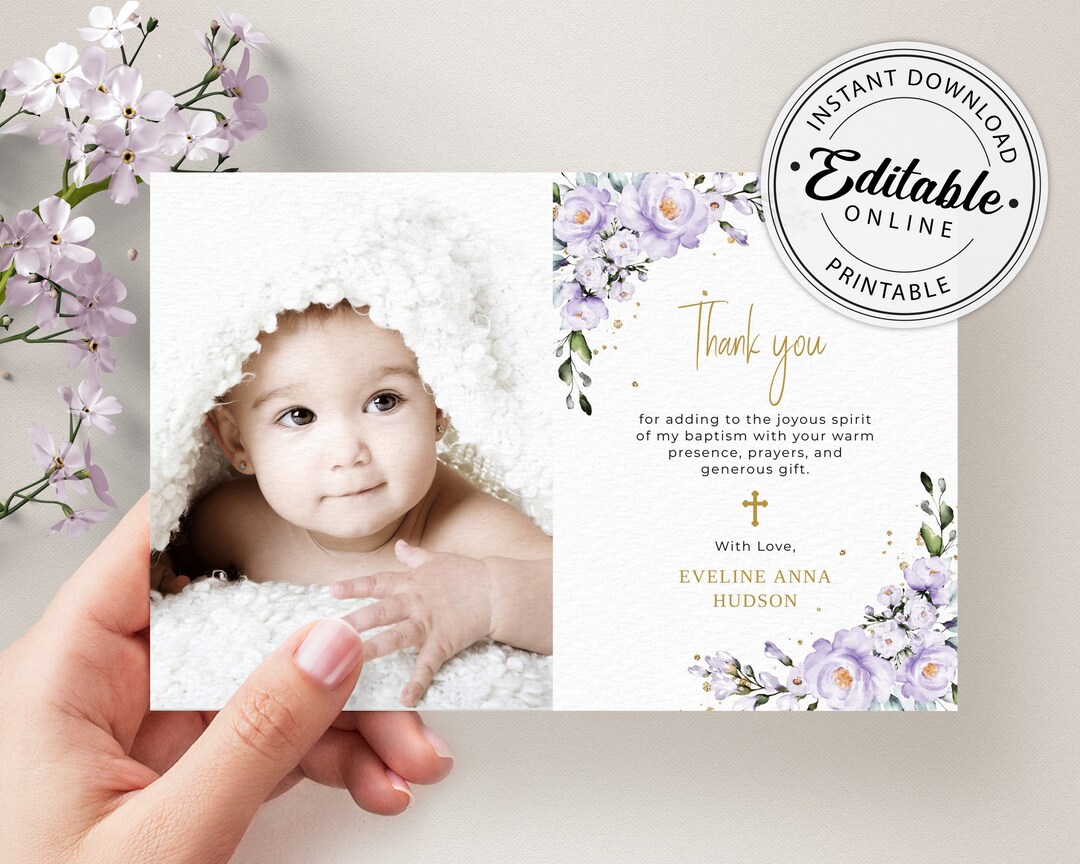 Baptism Thank You Card Template With Lavender Roses, Thank You Note ...