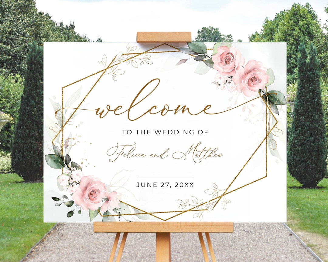 Boho Greenery Wedding Welcome Sign Template With Pink Roses • INSTANT ...