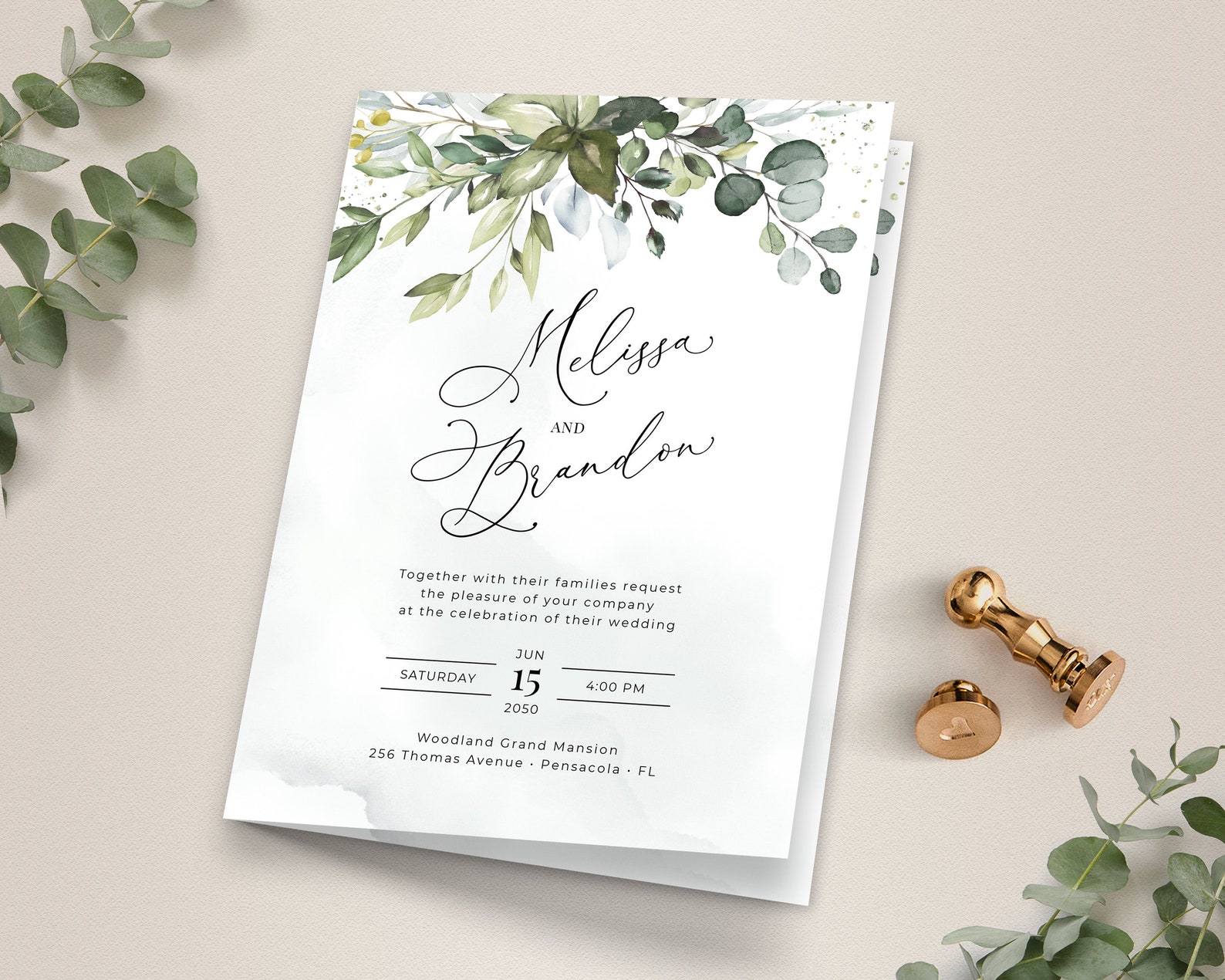 Folded Wedding Invitation Template With Greenery Bi-fold - Etsy