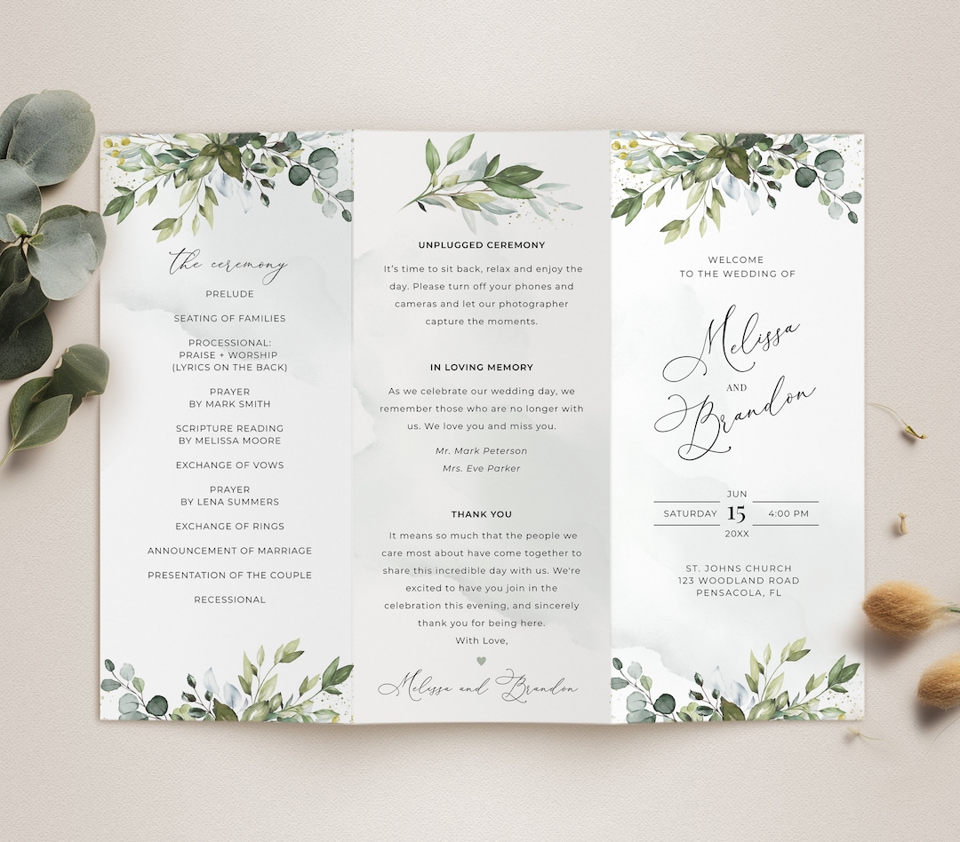 Trifold Wedding Program Template With Eucalyptus, Greenery Trifold ...