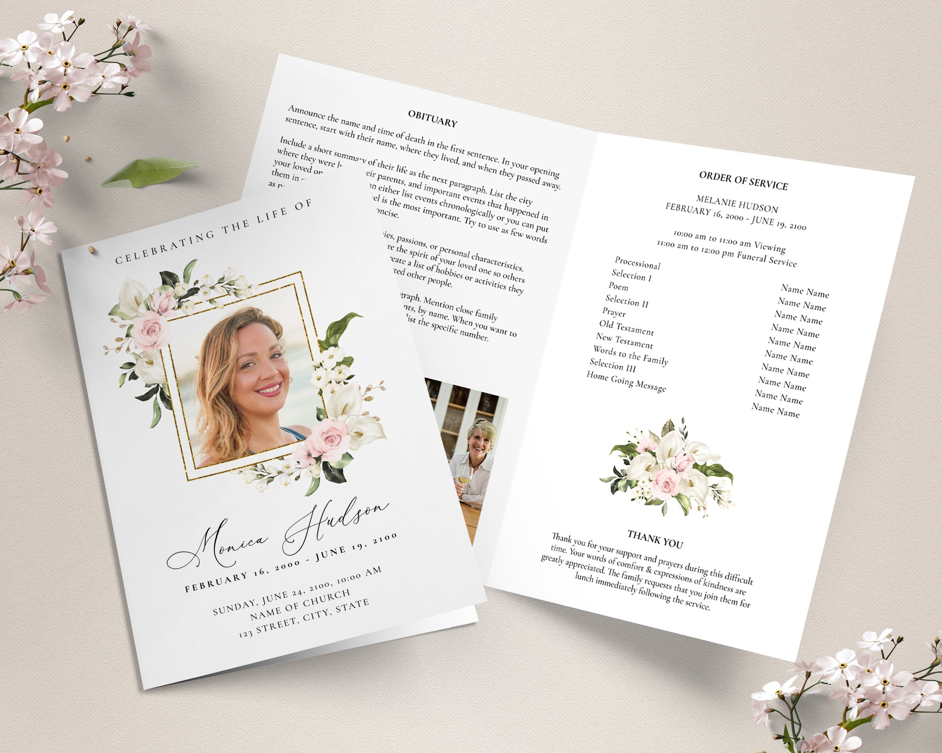 Funeral Program Template, Floral Memorial Program, Editable Memorial ...