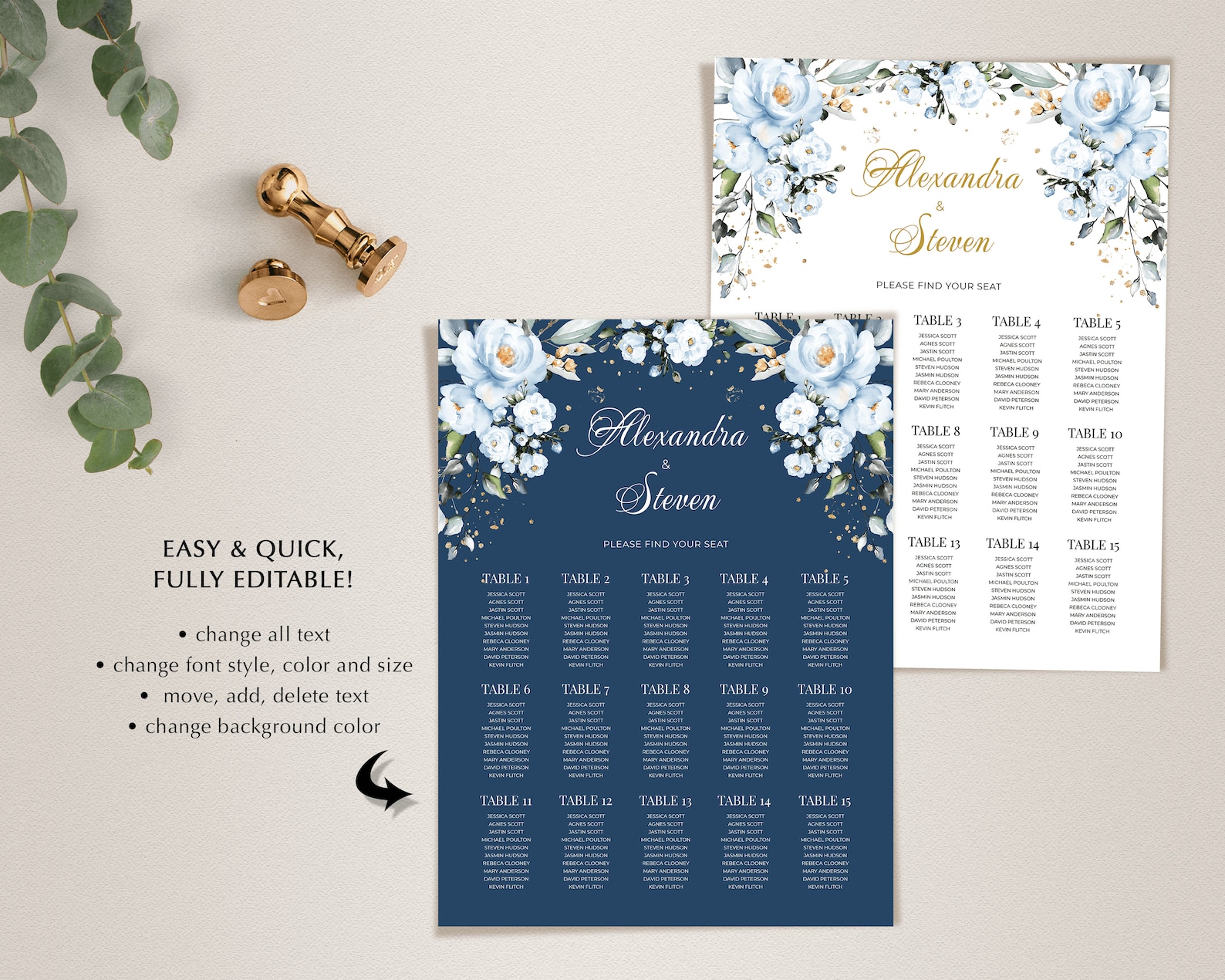 Blue Wedding Seating Chart Template, Light Blue Wedding Table Plan ...