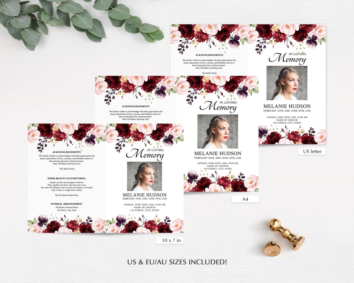 Editable Funeral Program Template with Burgundy Roses Floral | Etsy
