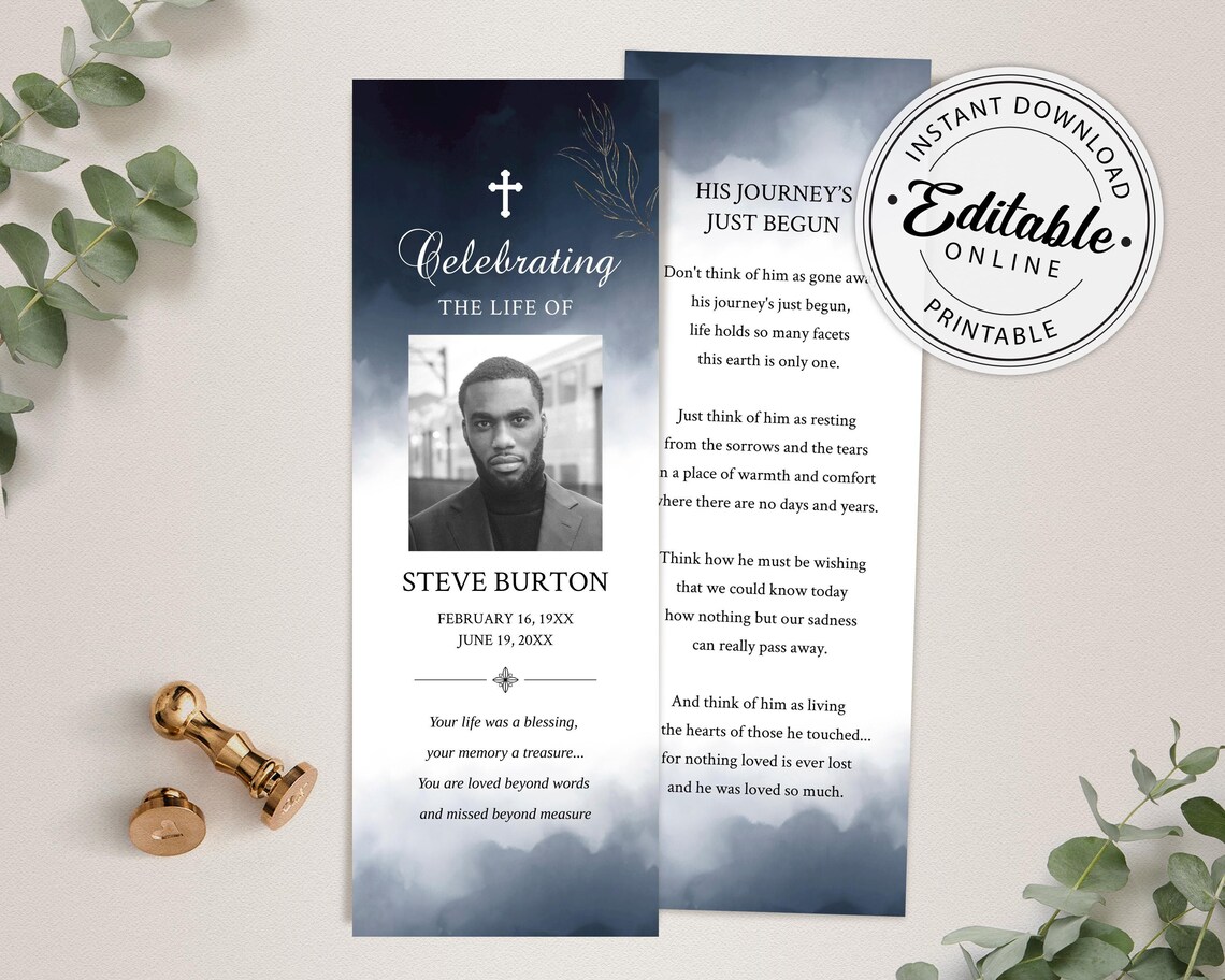 Navy Blue Funeral Bookmark Template, Editable Memorial Keepsake ...