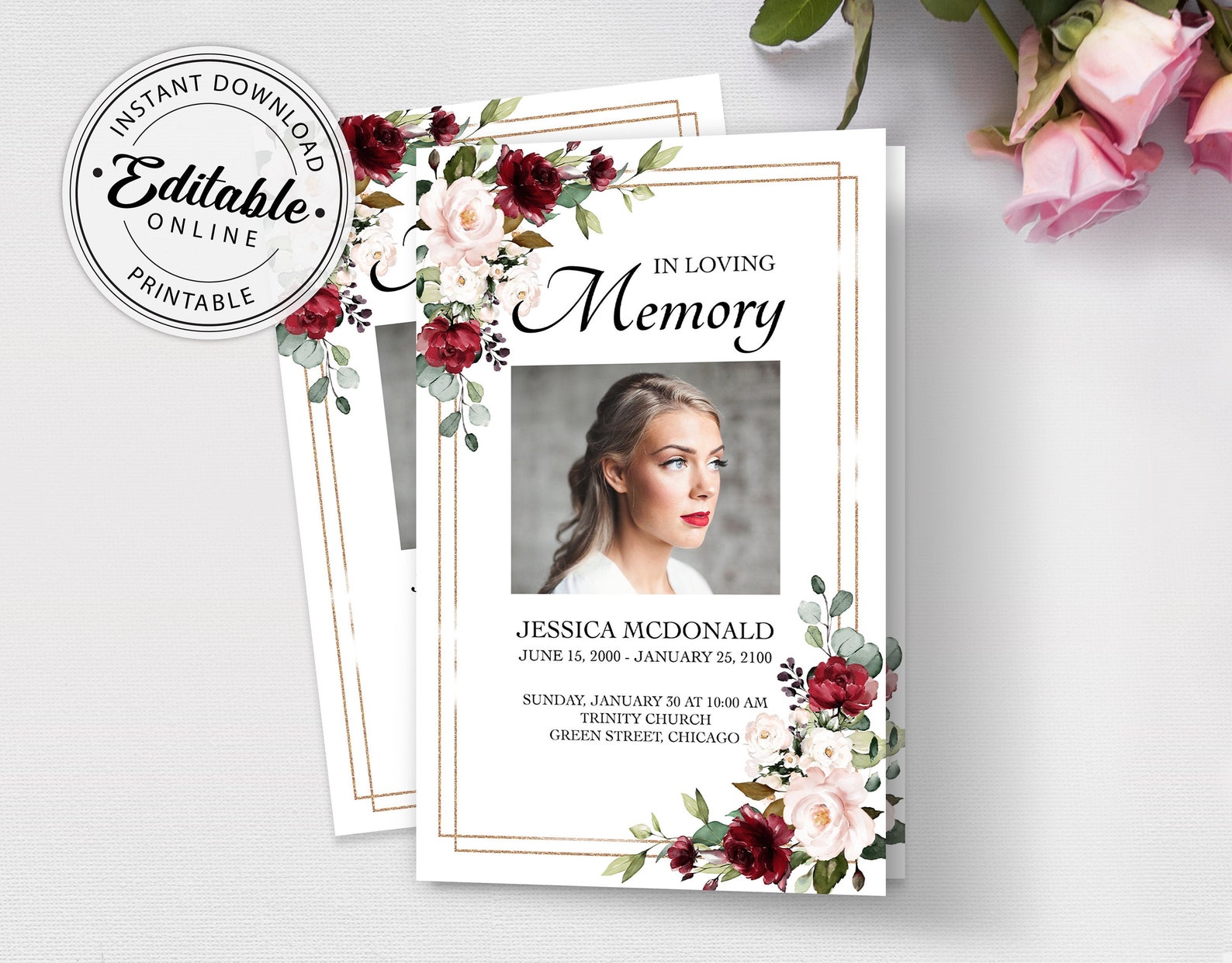 Funeral Program Template Burgundy Memorial Program Floral - Etsy