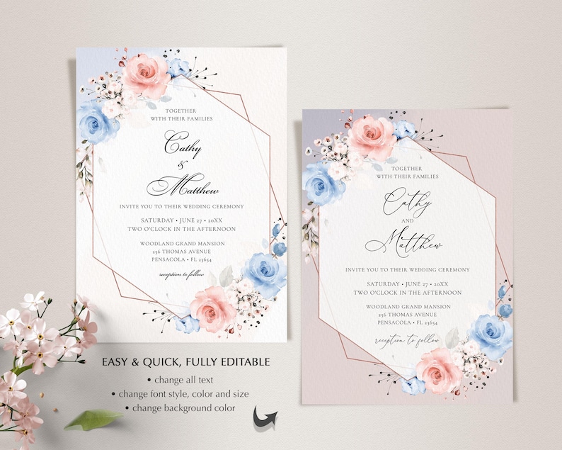Dusty Blue and Blush Pink Wedding Invitation Template - Etsy