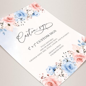 Custom Sign Template With Blue and Blush Pink Roses, Portrait and ...