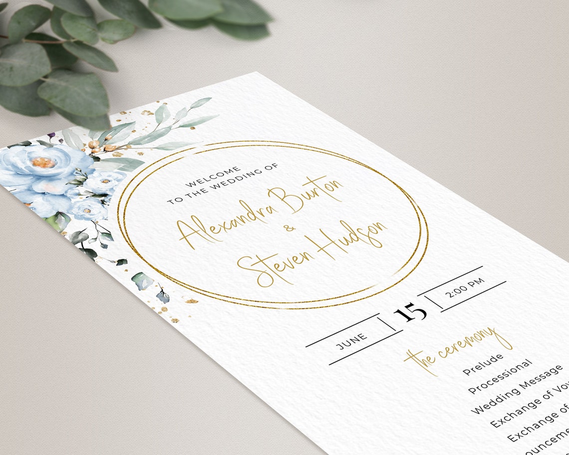 Blue Wedding Program Template, Printable Floral Wedding Program ...