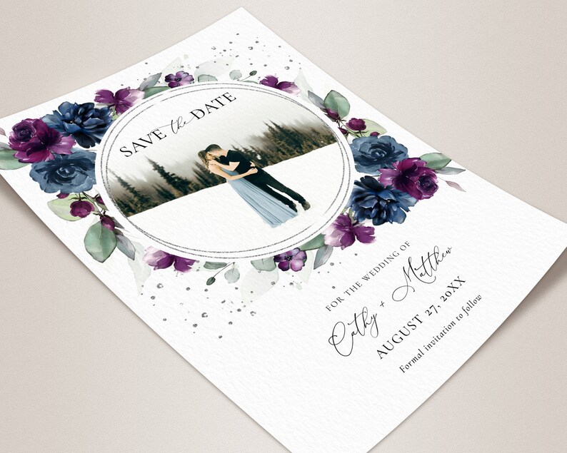 Purple and Navy Blue Wedding Save the Date Template INSTANT - Etsy