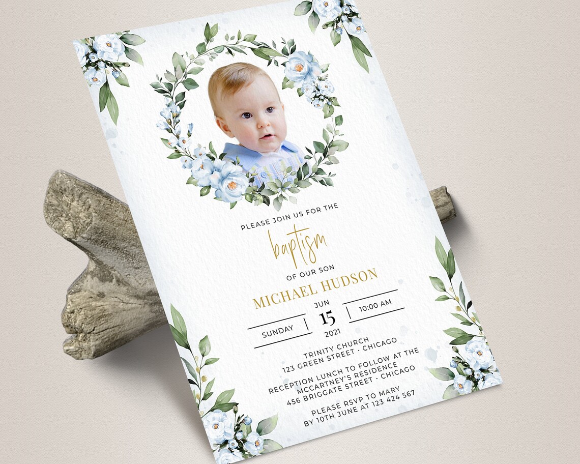 Blue Baptism Invitation Template With Photo First Holy - Etsy