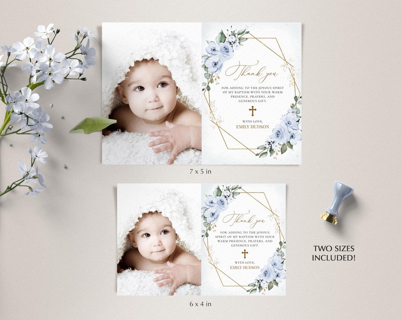 Baptism Thank You Card Template With Blue Roses Thank You - Etsy
