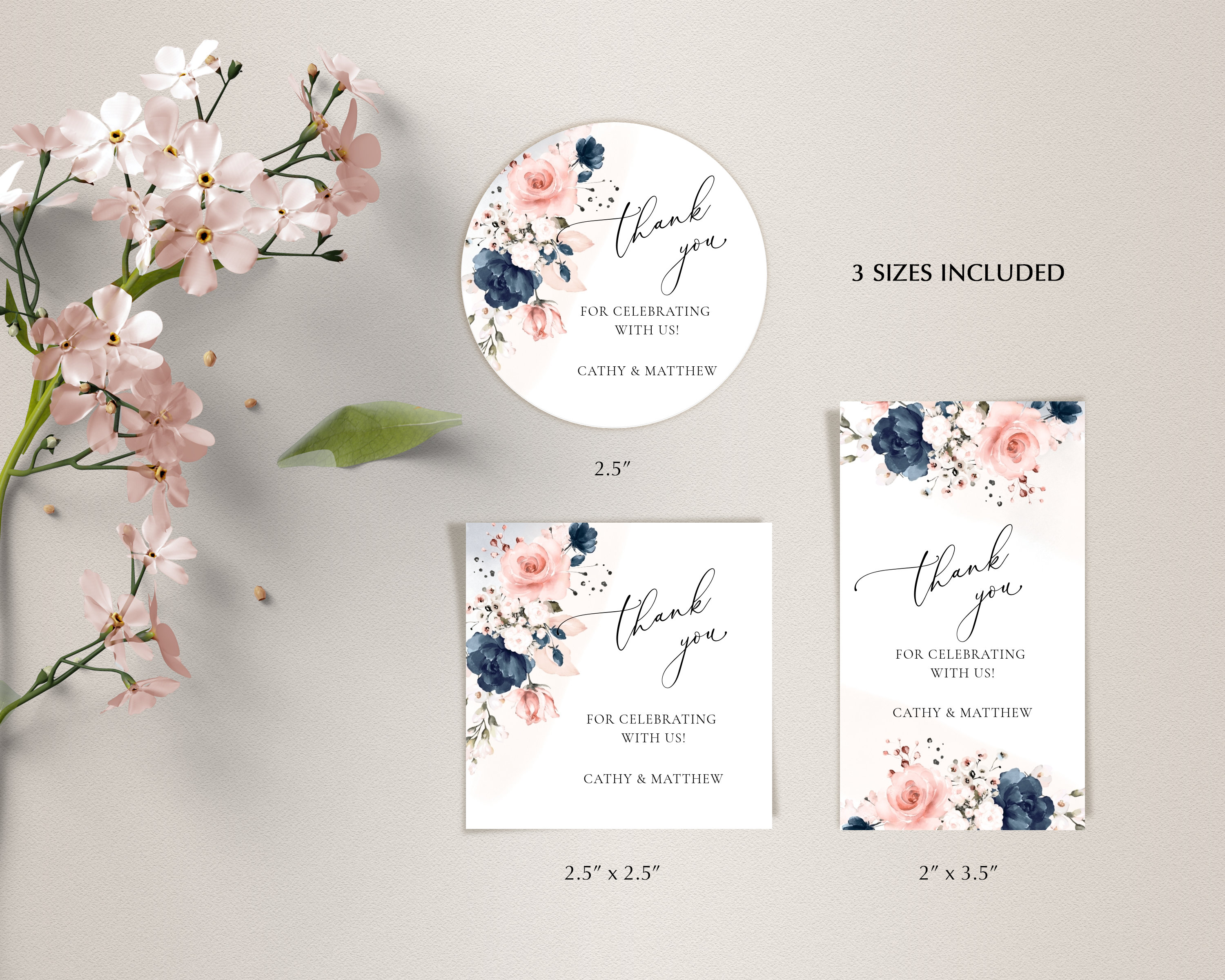 Navy Blue and Blush Pink Floral Favor Tag Template, Printable Stickers ...
