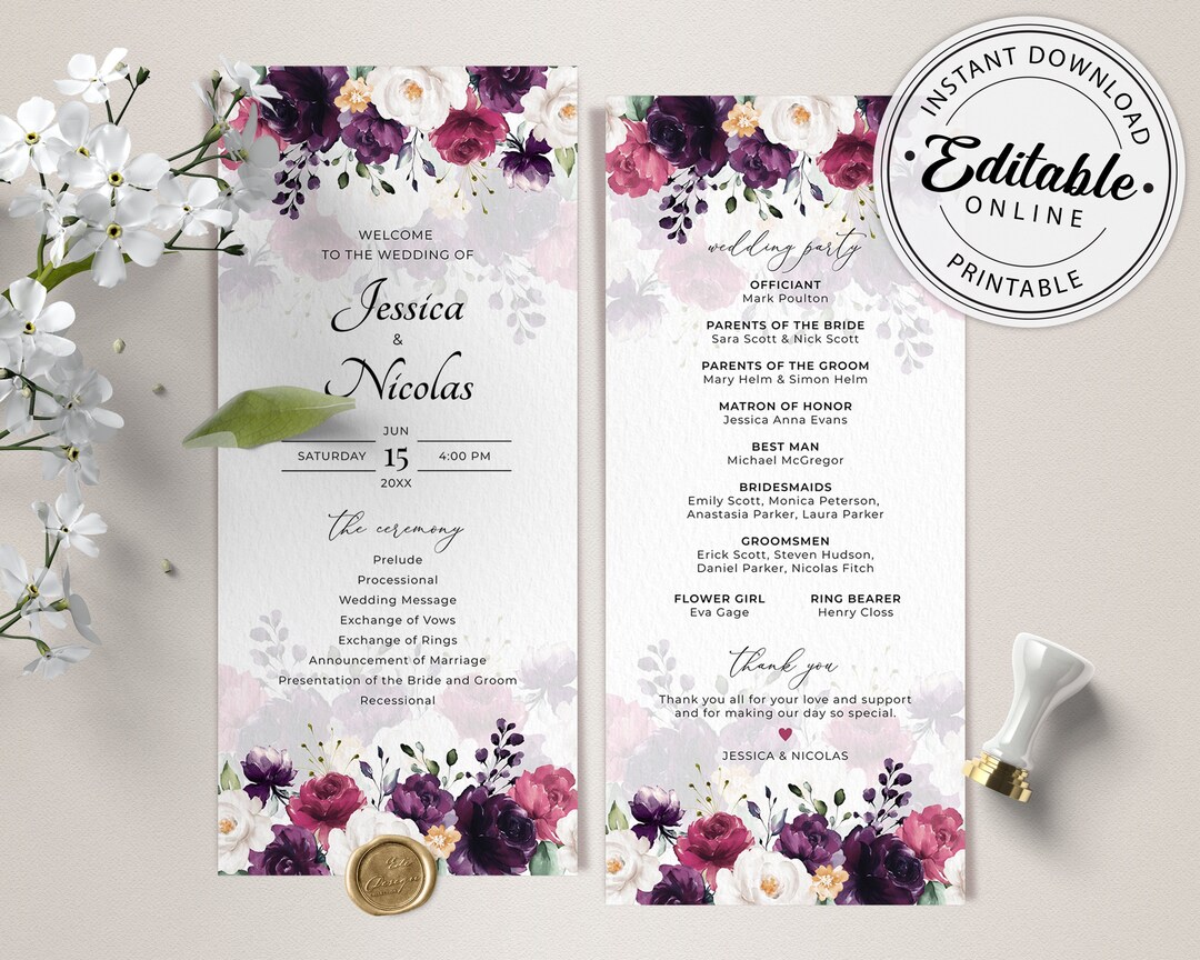 Purple, Fuchsia and White Wedding Program Template, Order of Service ...