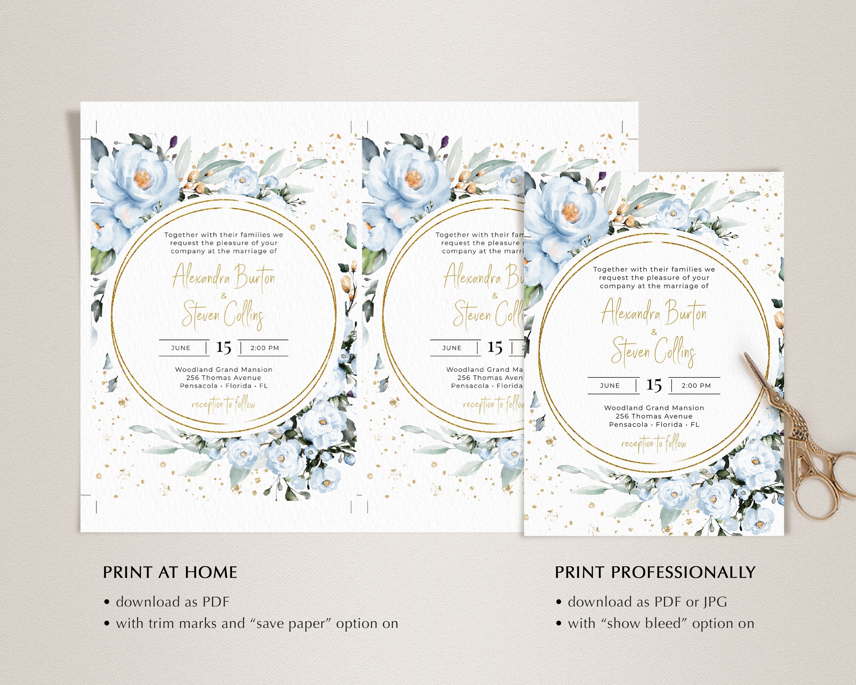 Blue Wedding Invitation Template Wedding Invite Template With | Etsy