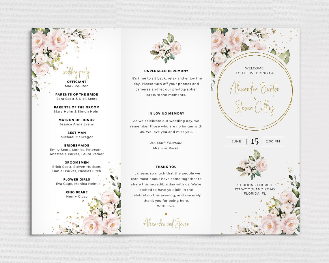 Trifold Wedding Program Template with Blush Pink Roses Floral | Etsy