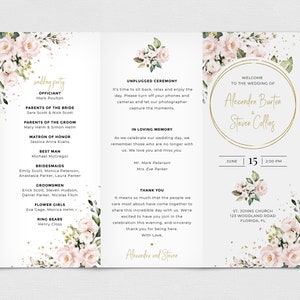 Trifold Wedding Program Template With Blush Pink Roses, Floral Program ...