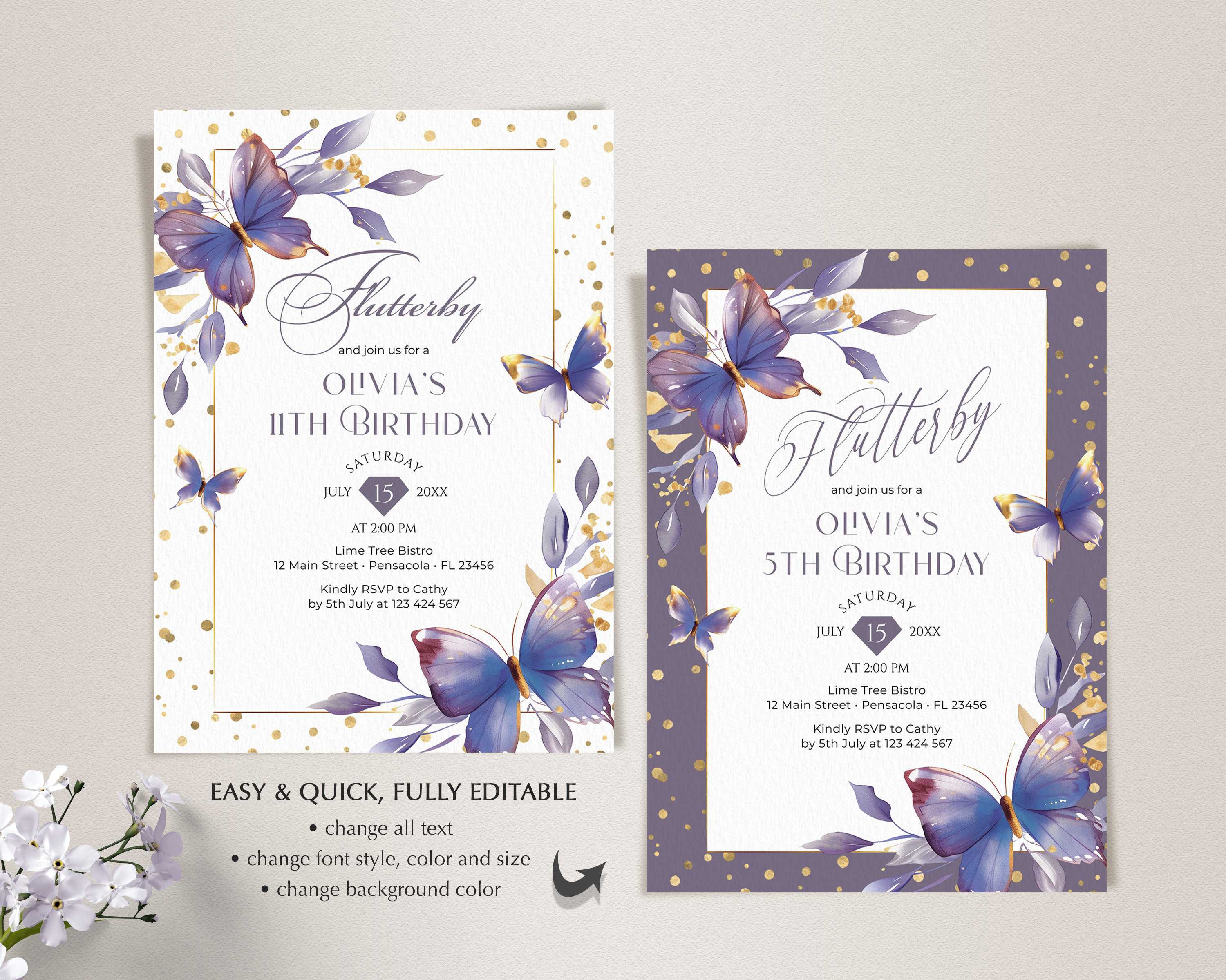 Purple Birthday Invitation Template With Butterflies, Birthday Invite ...