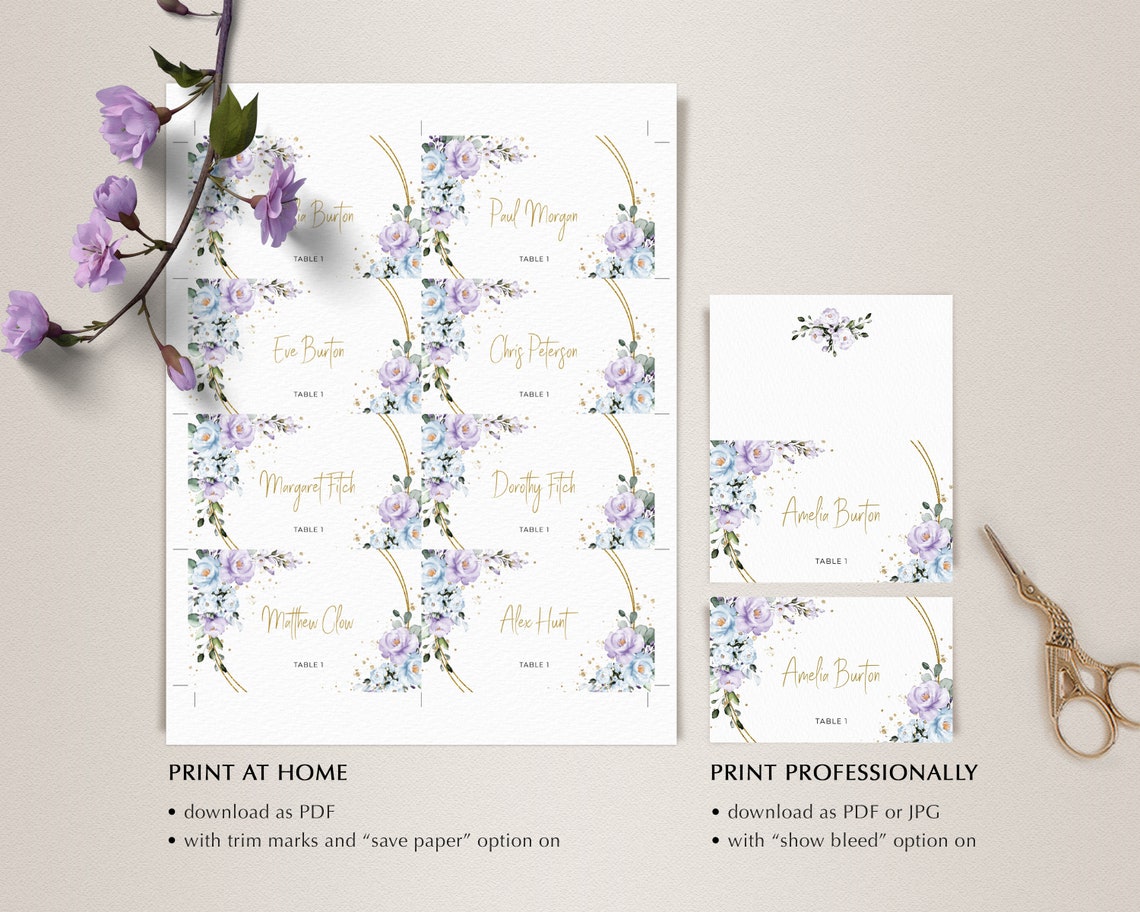 Lavender and Blue Floral Place Card Template • INSTANT DOWNLOAD ...
