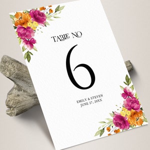 Hot Pink and Orange Wedding Table Numbers Template, Floral Table ...