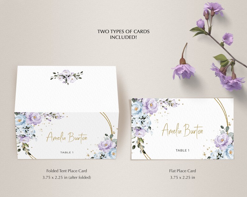 Lavender and Blue Floral Place Card Template • INSTANT DOWNLOAD ...