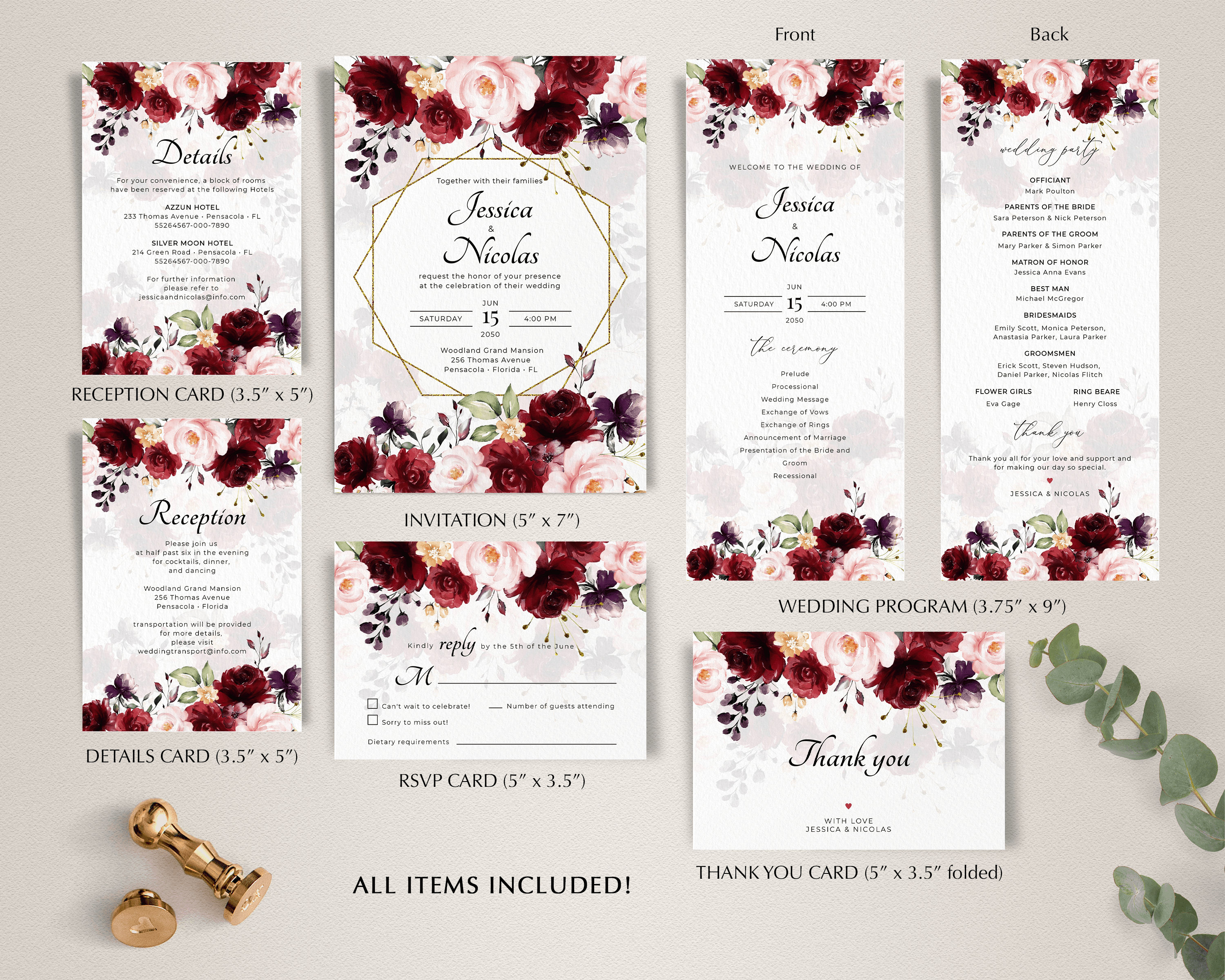 Burgundy Wedding Invitation Template Suite Floral Marsala | Etsy