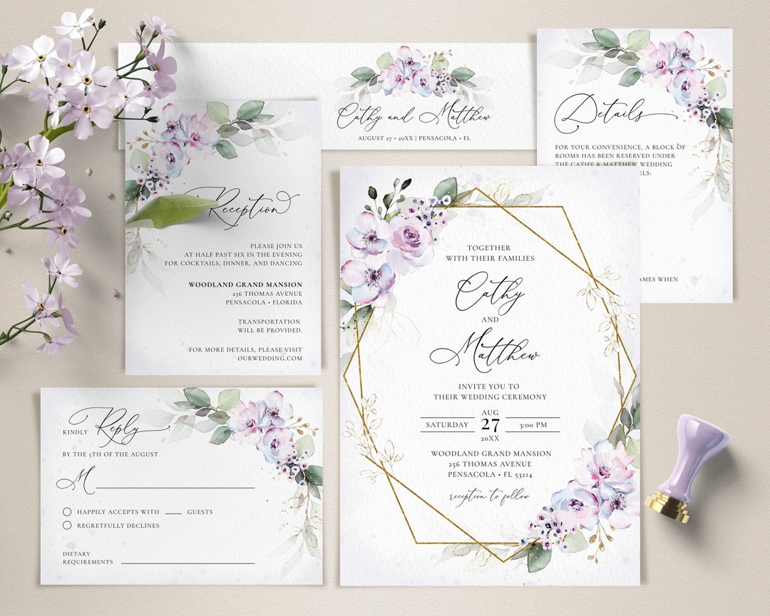 Lavender Wedding Invitation Template Set, Wedding Invite Template Suite ...