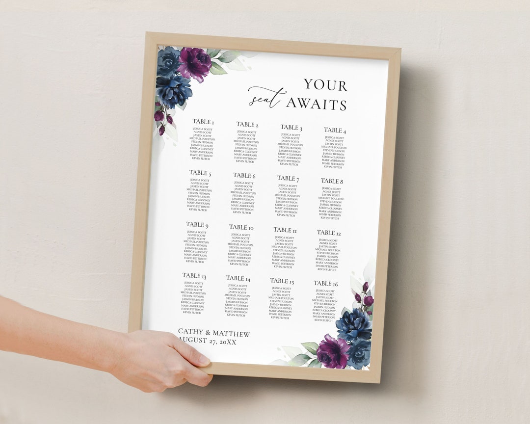 Purple and Navy Blue Wedding Seating Chart Template, Wedding Table Plan ...