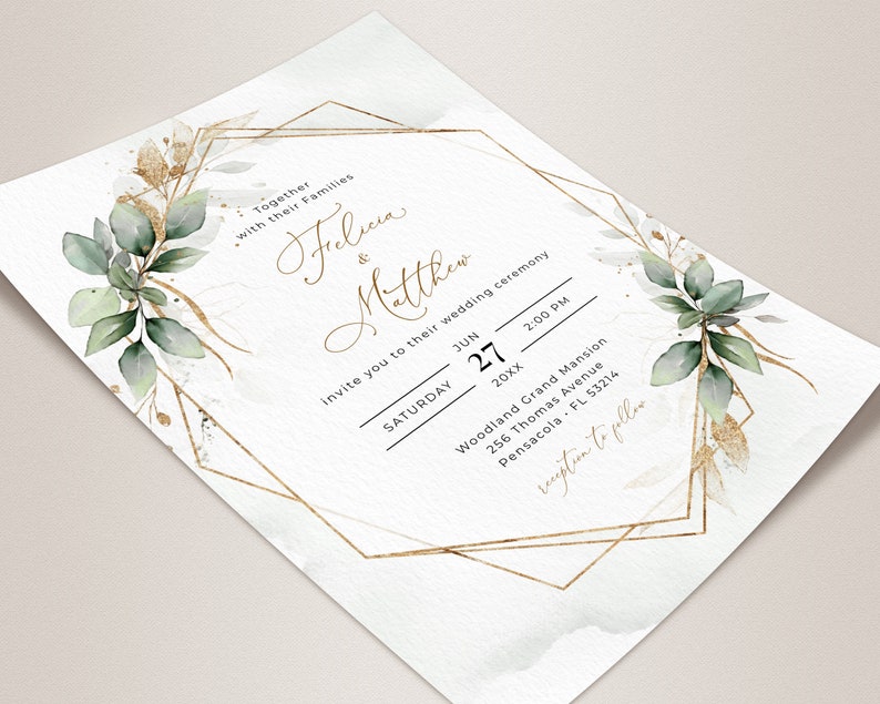 Greenery Wedding Invitation Template • Geometric Invitation Template ...