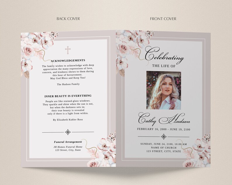 Light Pink Floral Funeral Program Template, Funeral Order of Service ...