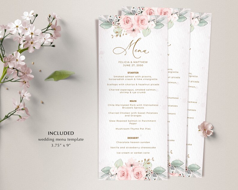 Menu Template With Pink Roses wedding Bridal Shower - Etsy