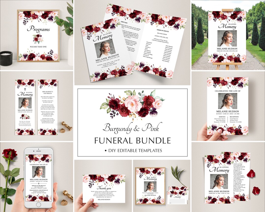Burgundy Funeral Templates Bundle, DIY Funeral Memory Package • INSTANT ...