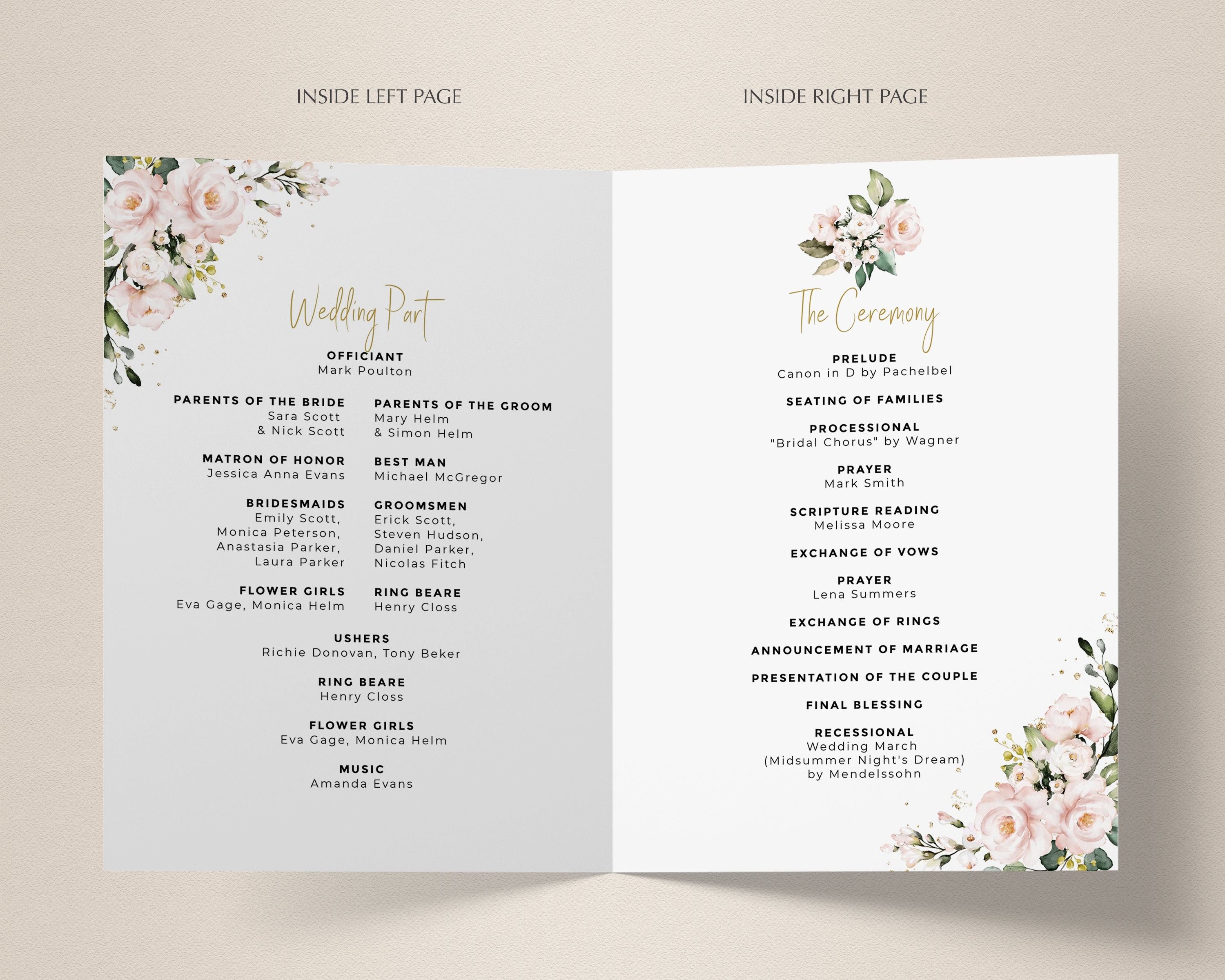 Folded Wedding Program Template With Pink Roses Order of | Etsy