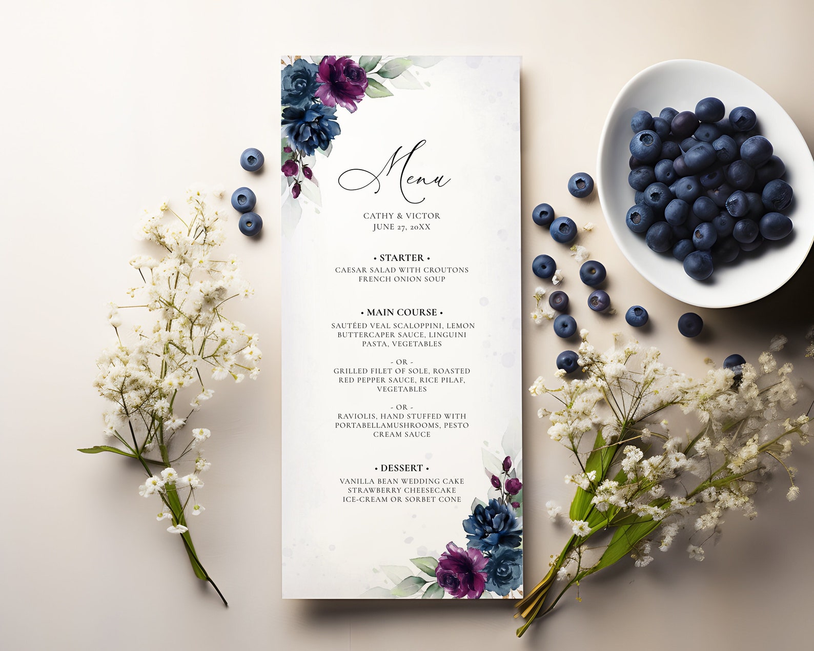 Purple and Navy Blue Menu Template (wedding, Bridal Shower, Baptism ...
