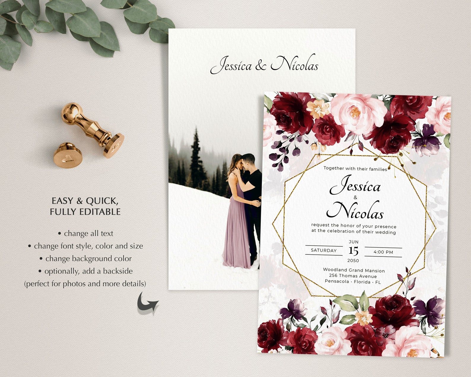 Burgundy Wedding Invitation Template Floral Marsala Wedding - Etsy