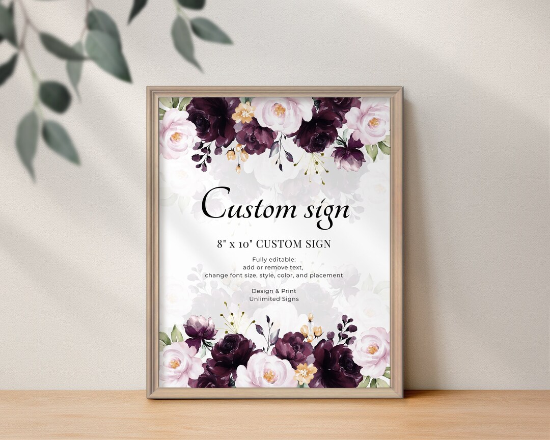 Purple Wedding Custom Sign Template, Portrait and Landscape Dark Plum ...
