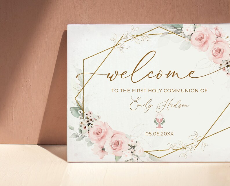 Pink First Holy Communion Welcome Sign Template INSTANT - Etsy