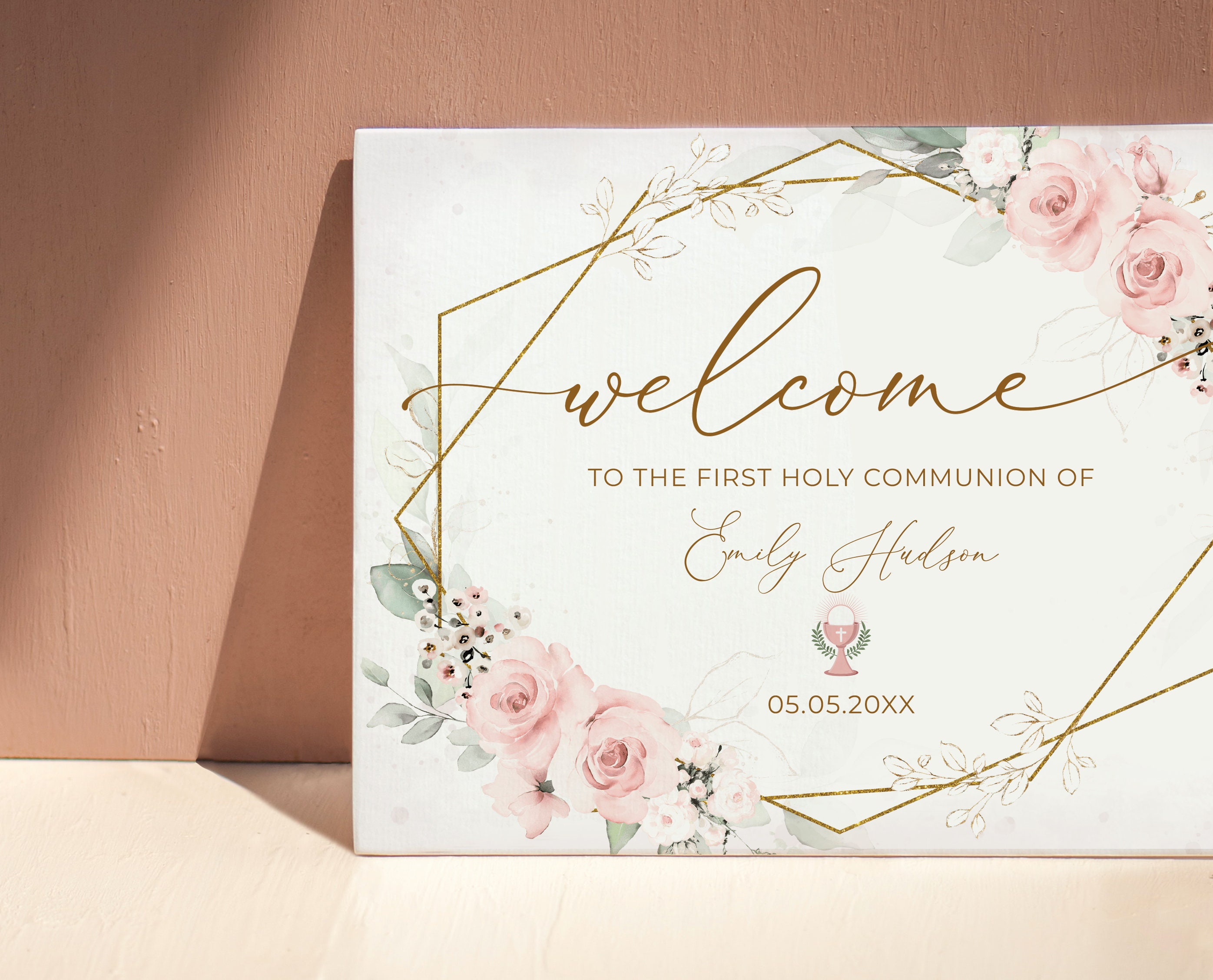 Pink First Holy Communion Welcome Sign Template • INSTANT DOWNLOAD ...