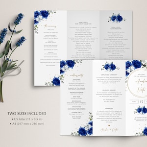 Trifold Wedding Program Template, Royal Blue and Gold Program Template ...