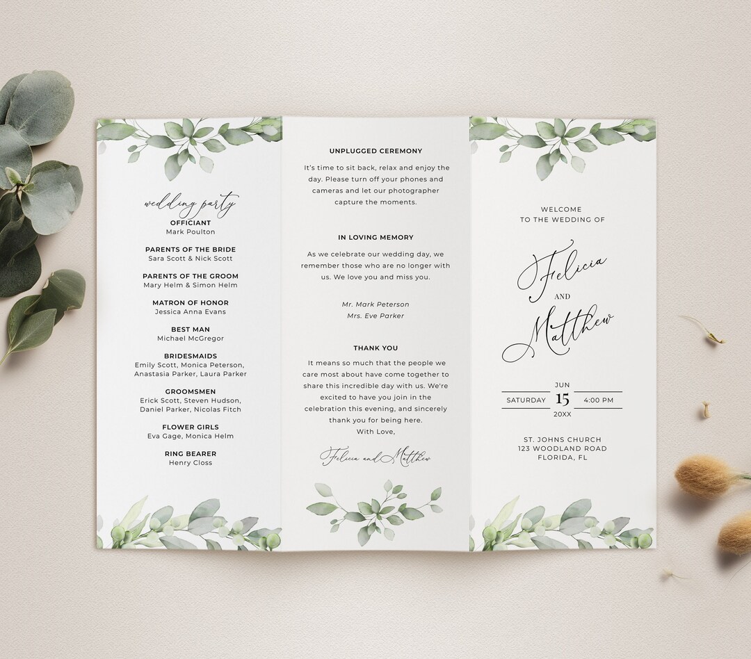 Trifold Wedding Program Template With Eucalyptus, Greenery Trifold ...