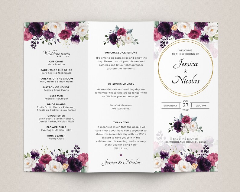 Trifold Wedding Program Template With Purple Fuchsia and - Etsy