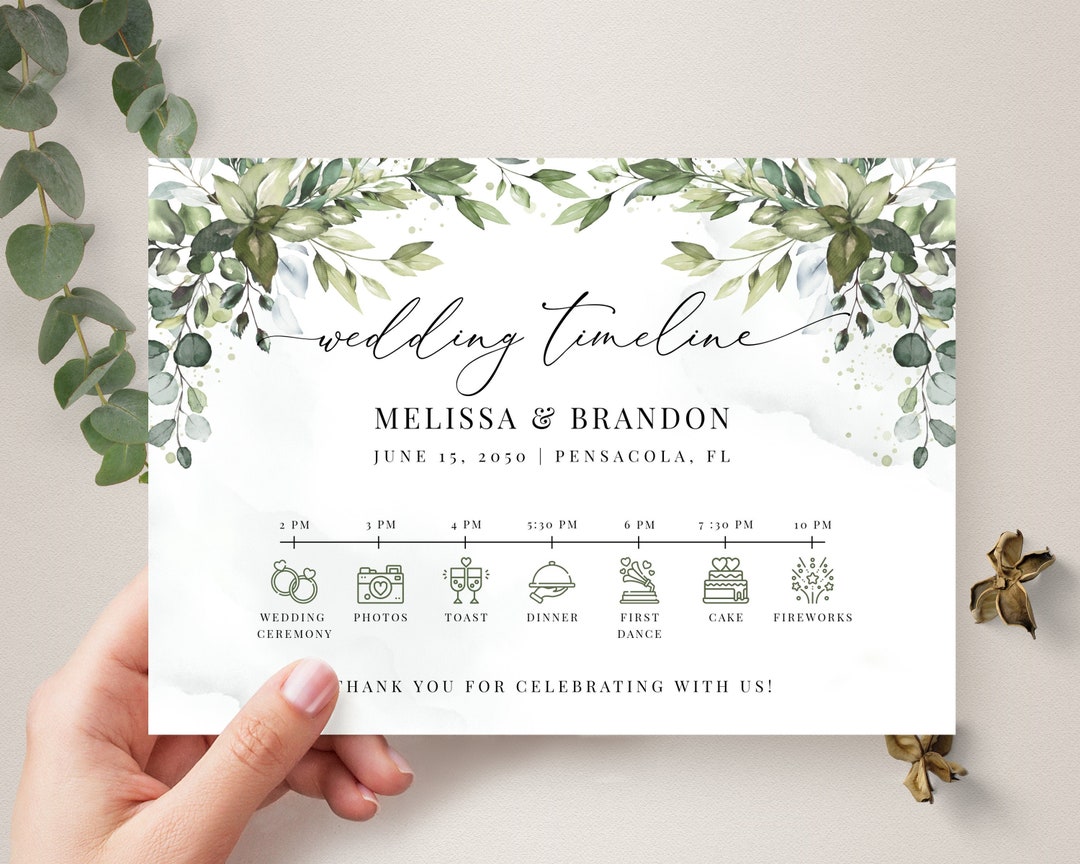 Greenery Wedding Timeline Card Template, Wedding Day Schedule Card ...