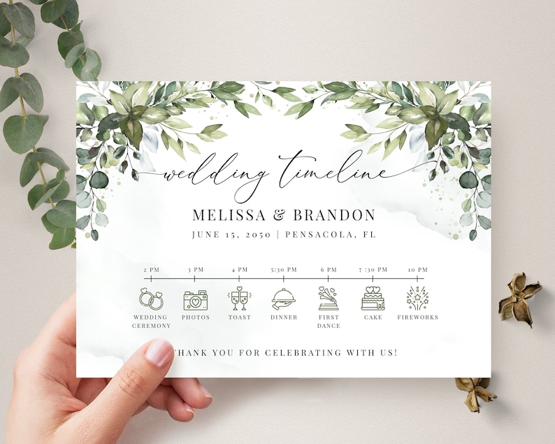 Greenery Wedding Timeline Card Template Wedding Day Schedule | Etsy